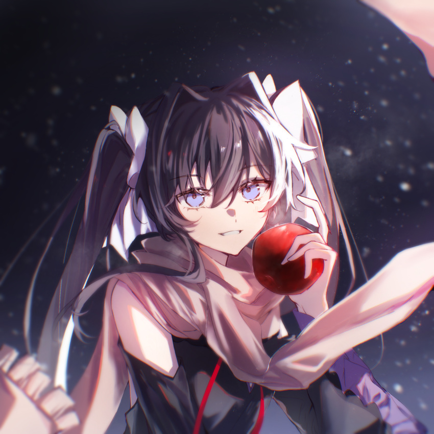 Safebooru - 1girl apple arcaea black dress black hair blue eyes bow brown scarf commentary ...