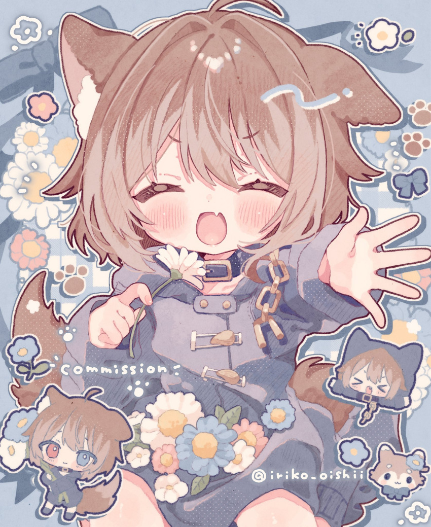 Safebooru - 1girl :d ahoge animal ears blue background blue eyes blue ...