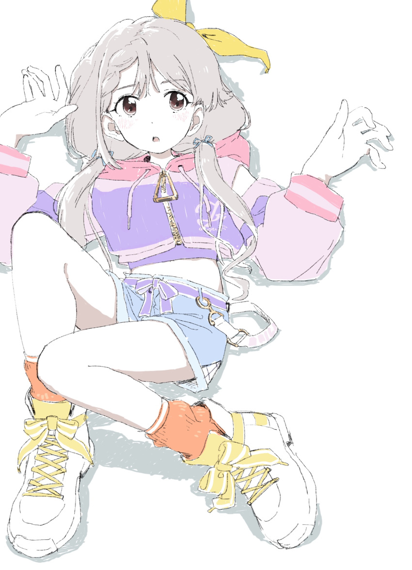 Safebooru - 1girl :o blush brown eyes full body highres hood long hair long sleeves looking at ...