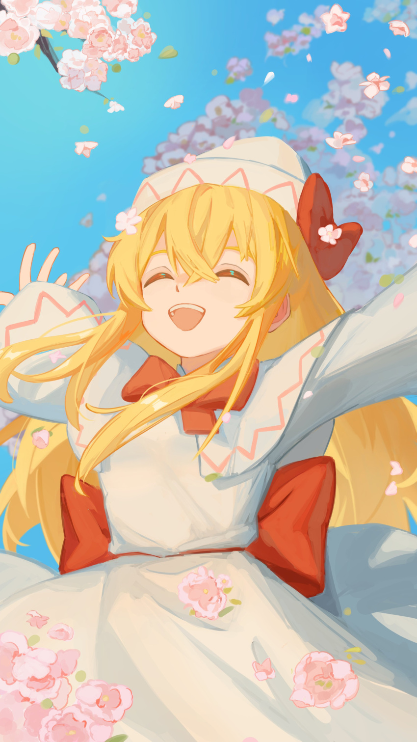 Safebooru - 1girl :d absurdres back bow blonde hair blue sky bow bowtie capelet cherry blossoms ...