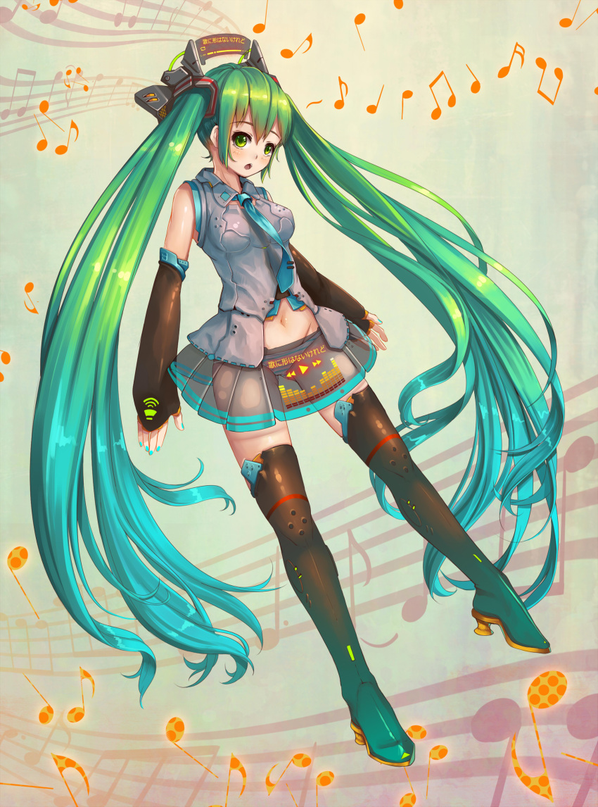 Safebooru - 1girl absurdres aqua hair boots detached sleeves fangxiang cuoluan green eyes green ...