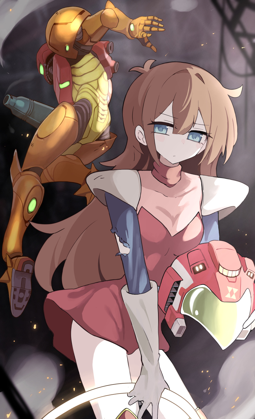 Safebooru - 2girls absurdres arm cannon blue eyes breasts brown hair commission gloves grey ...