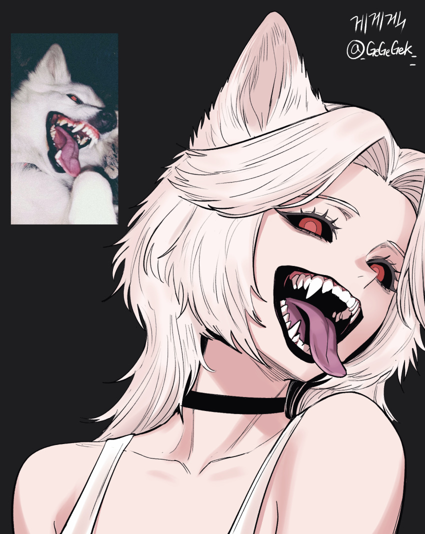 Safebooru - 1girl 1other animal animal ears artist name black background black sclera choker ...