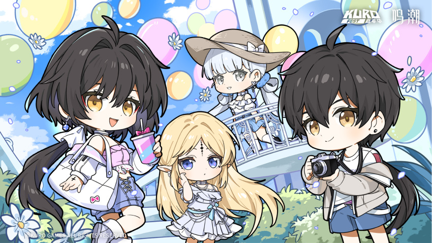 Safebooru - 1boy 3girls bag balloon black hair blonde hair blue shorts ...