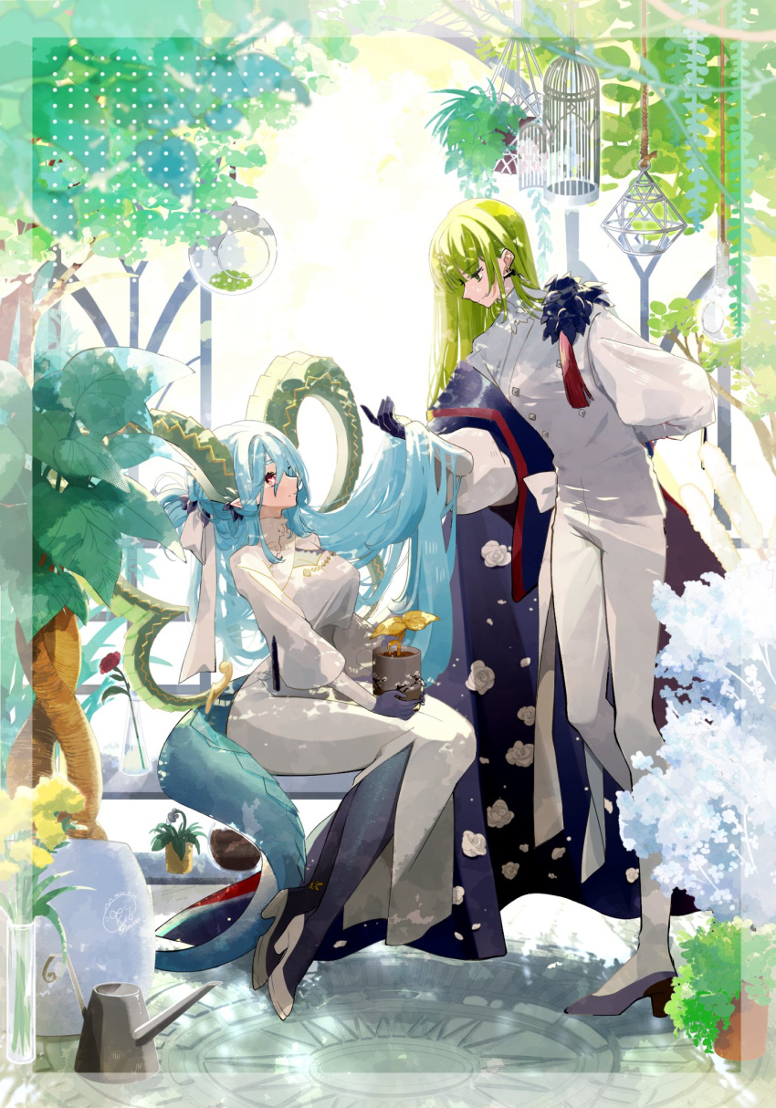 Safebooru - 1girl 1other backlighting bench birdcage blue eyes breasts ...
