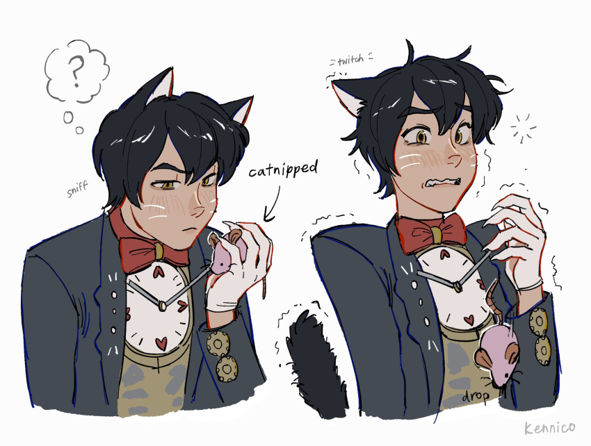 Safebooru - 1boy ? animal ears artist name biting own lip black hair black jacket blush bow ...