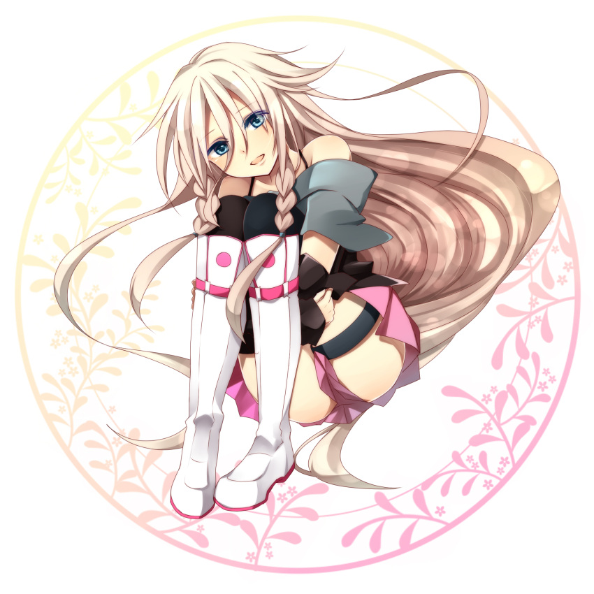 Safebooru - 1girl :d blue eyes boots braid brown hair highres ia (vocaloid) knee boots leg hug ...