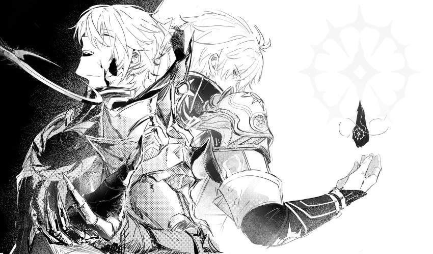 Safebooru - 2boys antenna hair armor back-to-back broken skin cape ...
