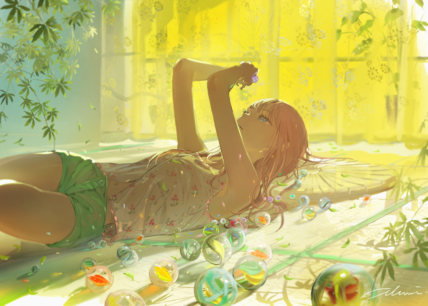 Safebooru - 1girl armpits arms up bare arms beads blue eyes camisole eyelashes floral print ...