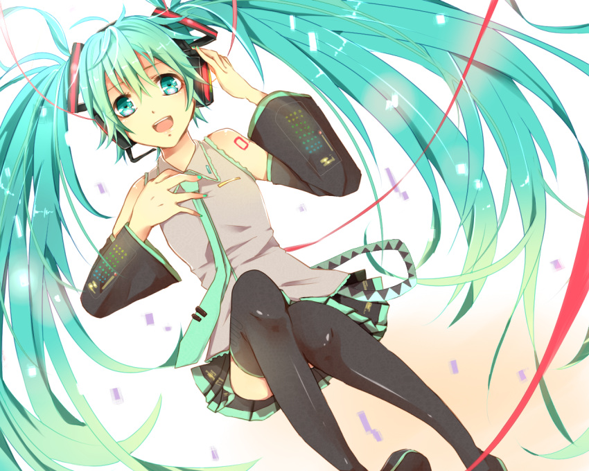 Safebooru - 1girl aqua eyes aqua hair boots detached sleeves hanadog hand on headphones hand on ...