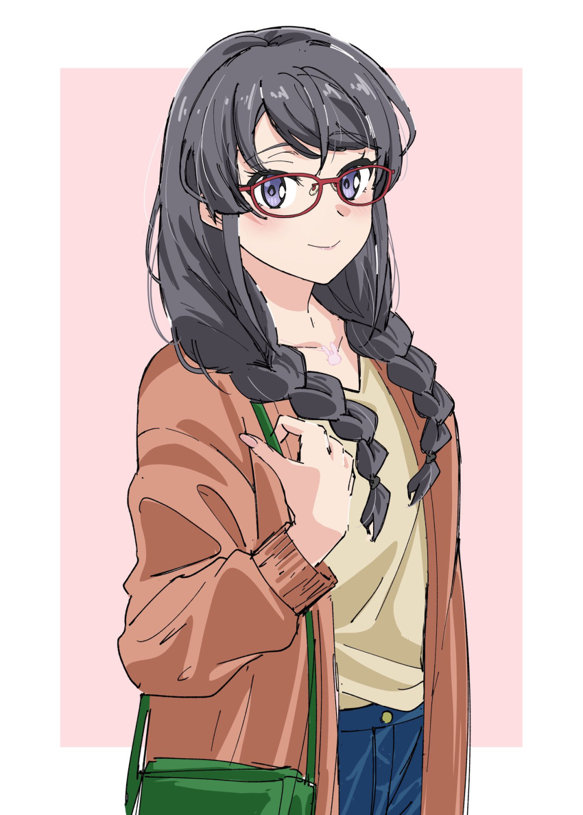 Safebooru - 1girl anju (artist) bag black hair blouse braid cardigan ...