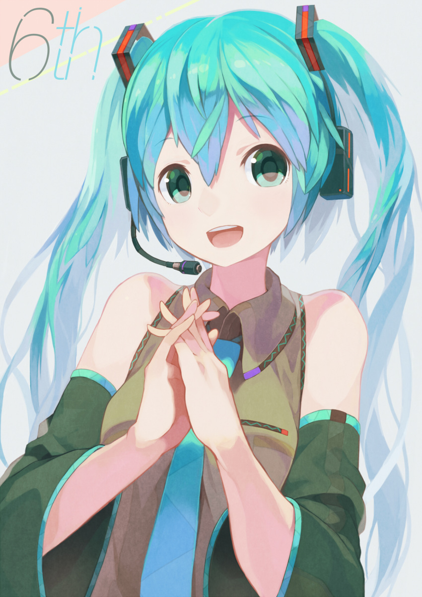 Safebooru - 1girl aqua eyes aqua hair detached sleeves hatsune miku highres interlocked fingers ...
