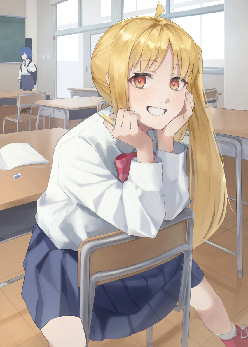 Safebooru - 2girls absurdres ahoge blonde hair blue skirt bocchi the rock! bow bowtie chair ...