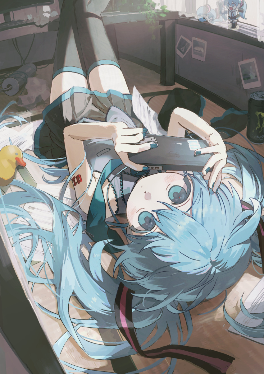 Safebooru - 1girl absurdres aqua eyes aqua hair aqua nails aqua necktie bare shoulders black ...