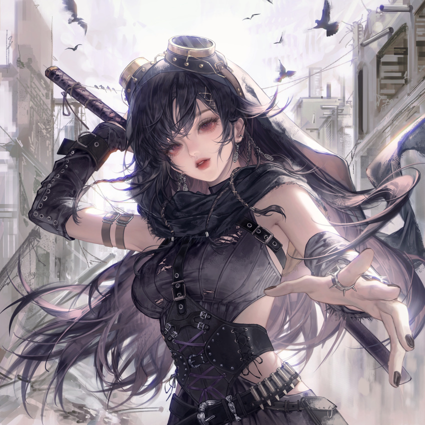 Safebooru - 1girl absurdres belt bird black hair black nails breasts building earrings gloriash ...