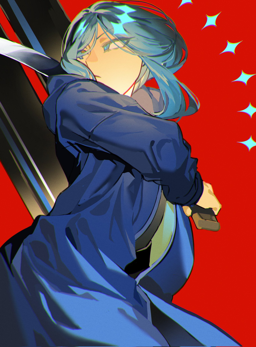Safebooru - 1girl bari (project moon) black coat blue eyes blue hair blue jacket coat highres ...