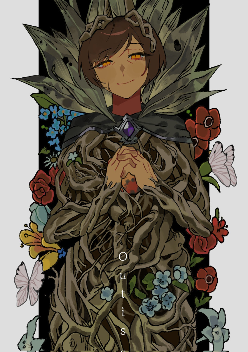 Safebooru - 1girl black background black cape blue flower border brown ...