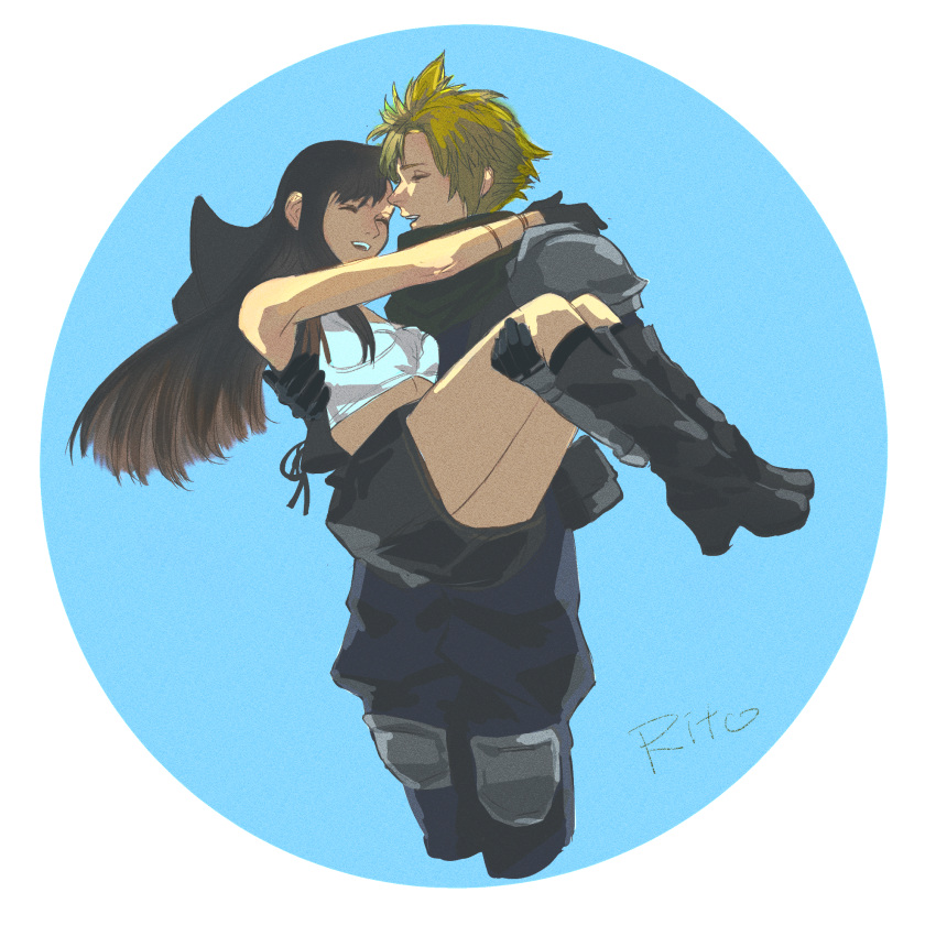 Safebooru - 1boy 1girl armor artist name baggy pants bare shoulders black gloves black hair ...