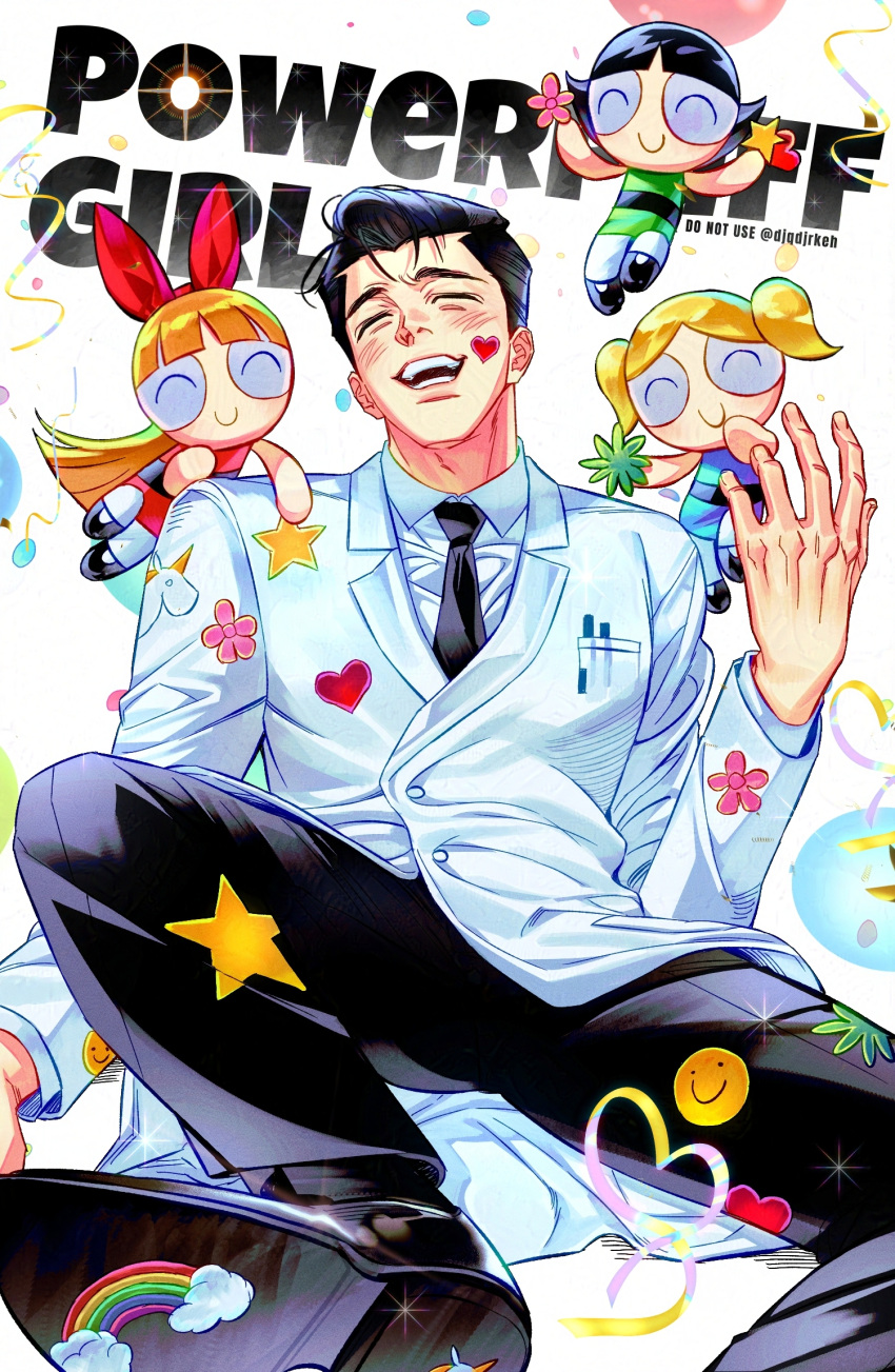 Safebooru - 1boy 3girls ^ ^ black hair black necktie black pants blonde ...