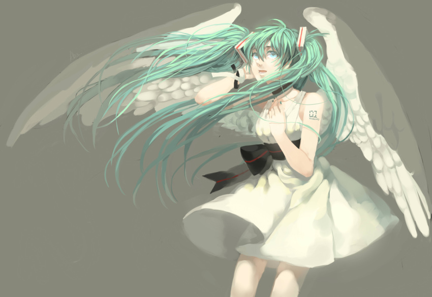 Safebooru - 1girl aqua eyes dress green hair hand on own chest hatsune miku highres long hair ...