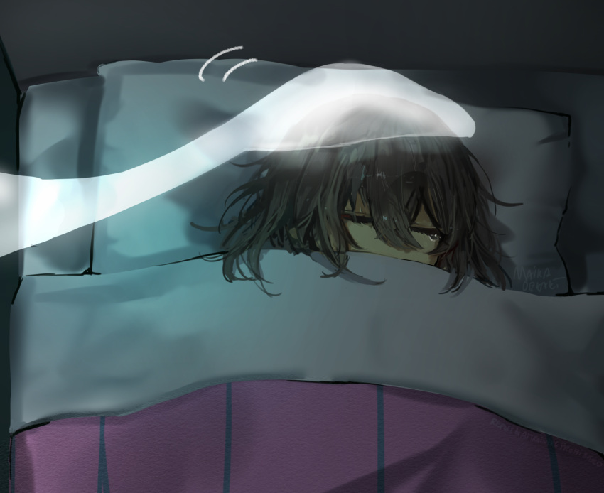 Safebooru - 2others artist name bed sheet brown hair commentary request covered mouth double ...