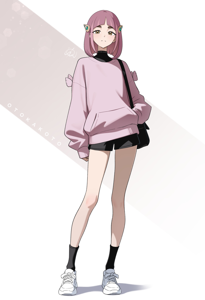 Safebooru - 1girl absurdres bag bare legs black shirt black shorts black socks brown eyes full ...