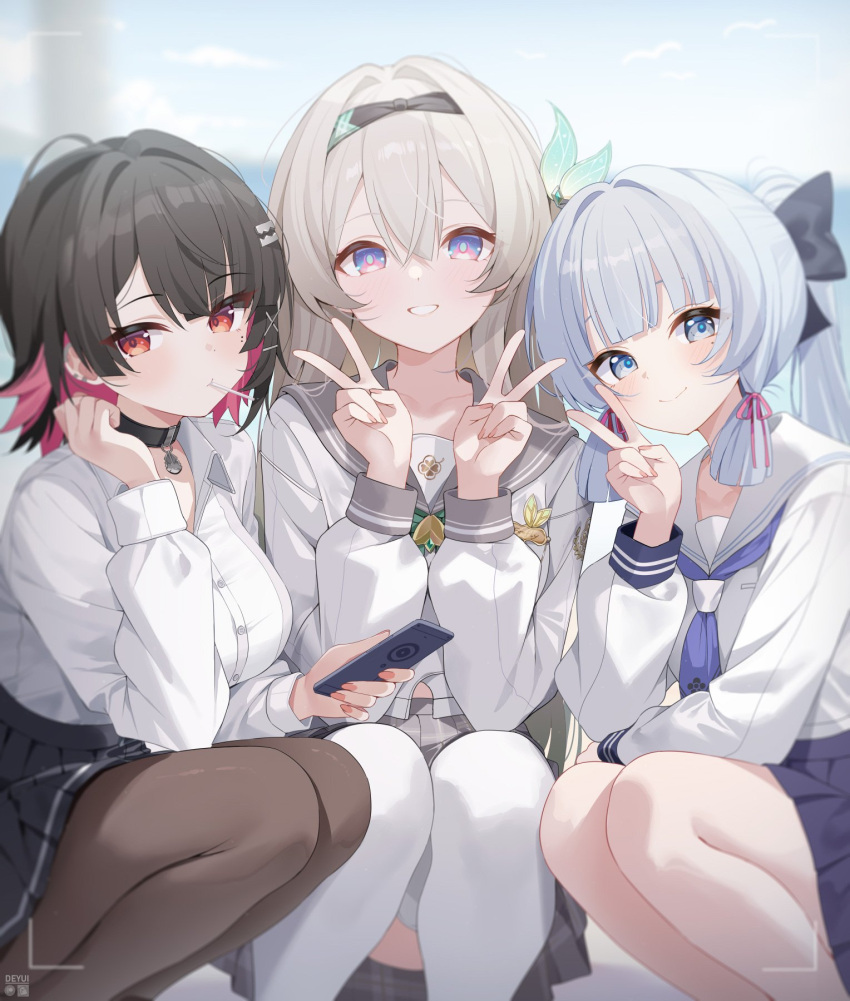 Safebooru - 3girls black choker black hair blue hair blue neckerchief brown pantyhose choker ...