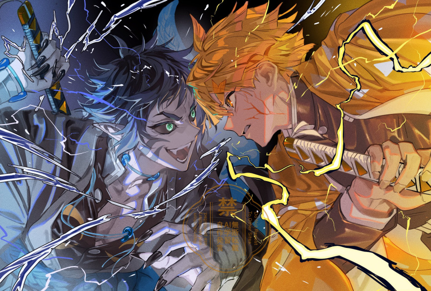 Safebooru - 2boys agatsuma zenitsu checkered haori demon slayer uniform ...