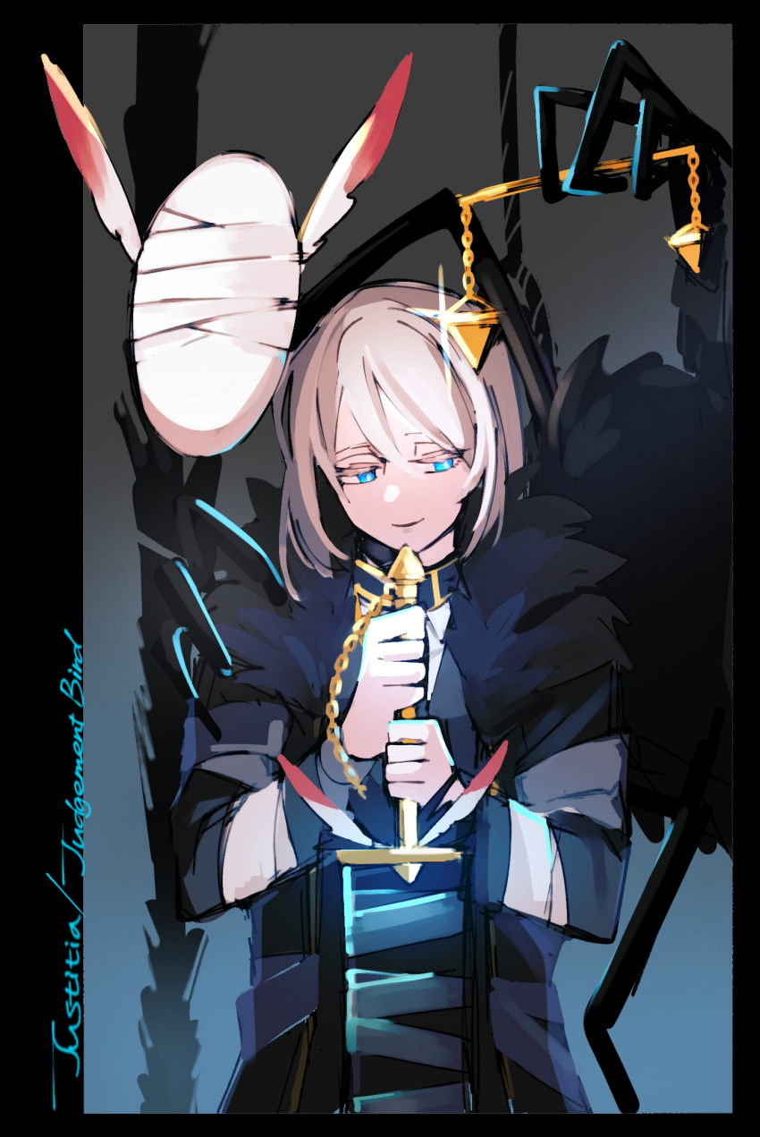 Safebooru - 1girl 779 nnk balance scale bandages black coat blue eyes ...