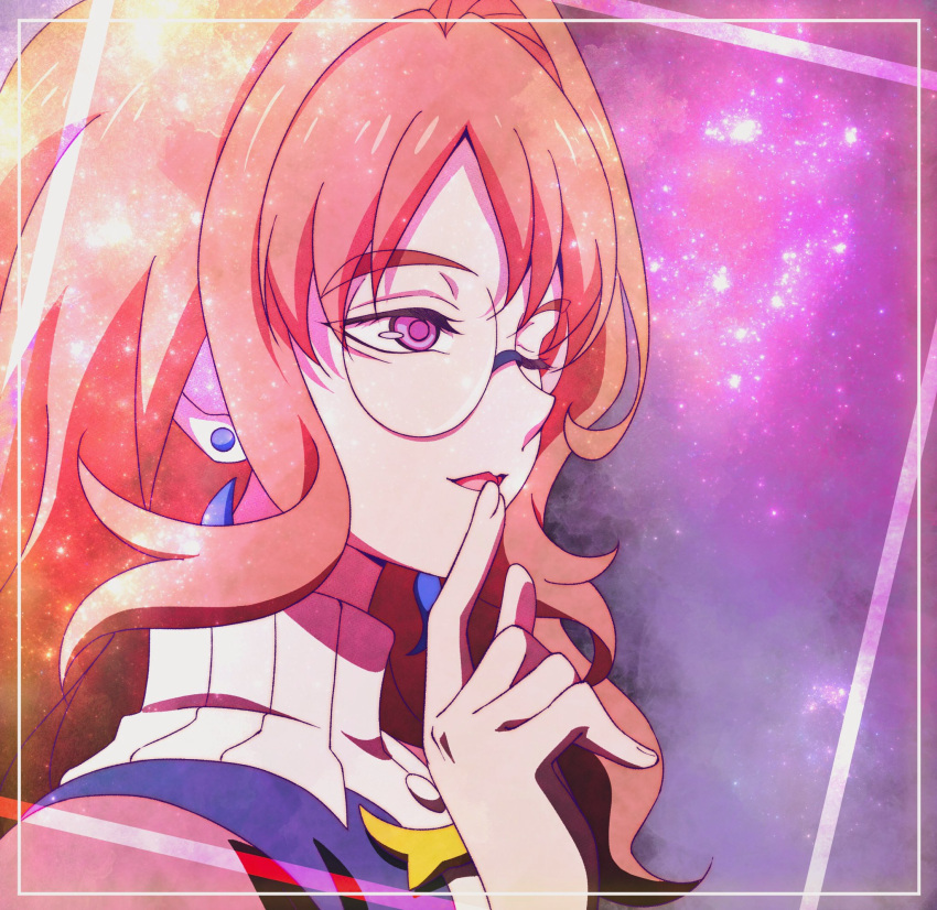 Safebooru - 1girl brown hair close-up earrings finger to mouth highres ...