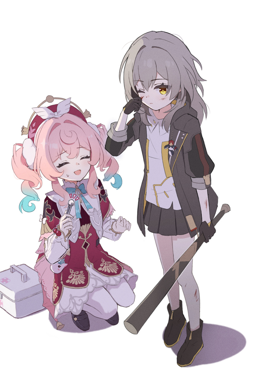 Safebooru - 2girls baseball bat black jacket black shoes bruise bruise ...