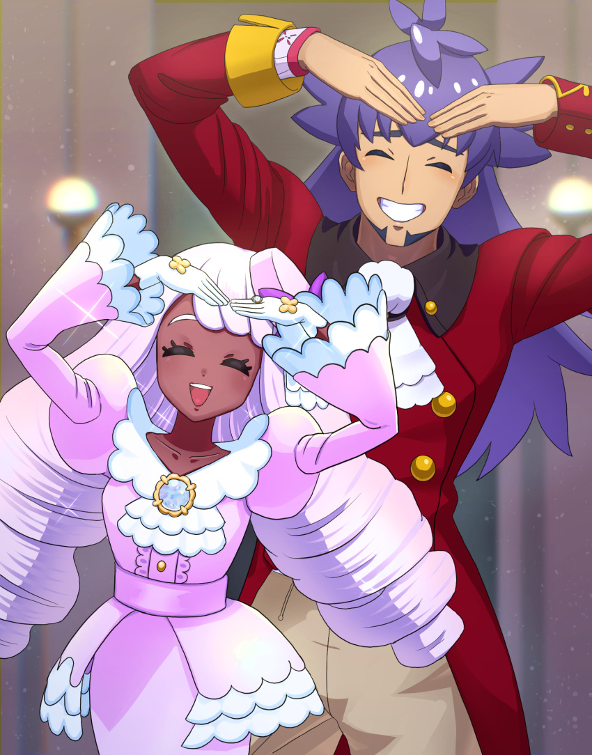 Safebooru - 1boy 1girl :d arms up ascot blurry blurry background ...