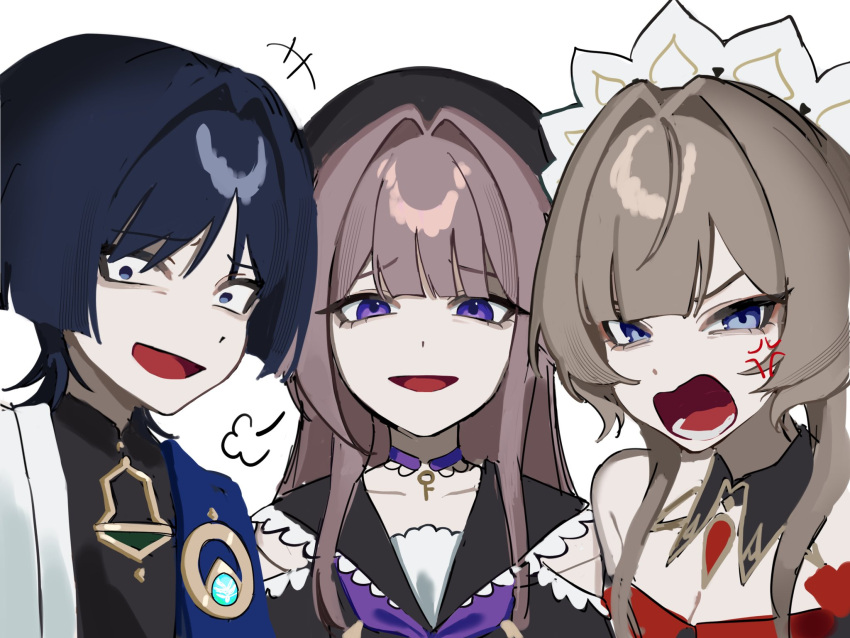 Safebooru - +++ 1boy 2girls anemo symbol (genshin impact) anger vein ...