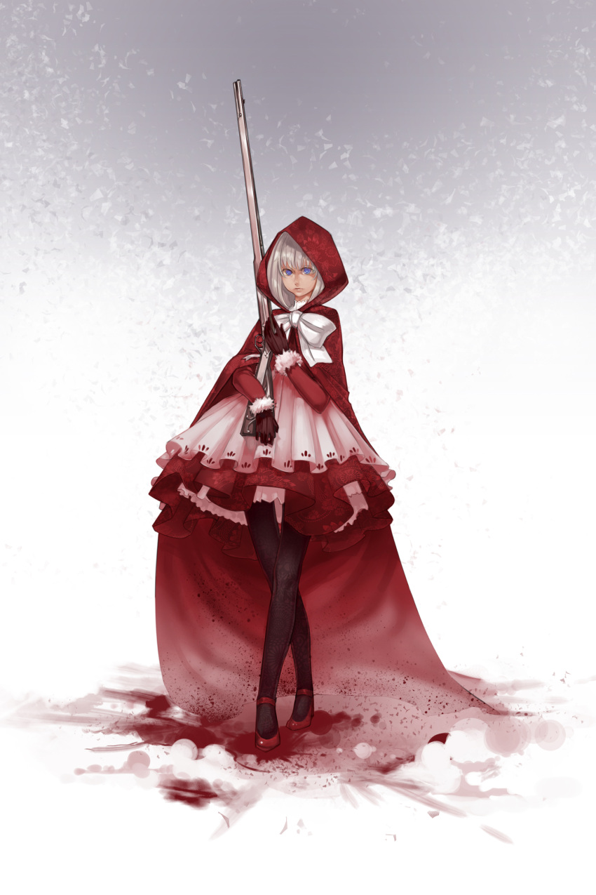 Safebooru - 1girl blood blue eyes bow dress gun highres hood little red ...