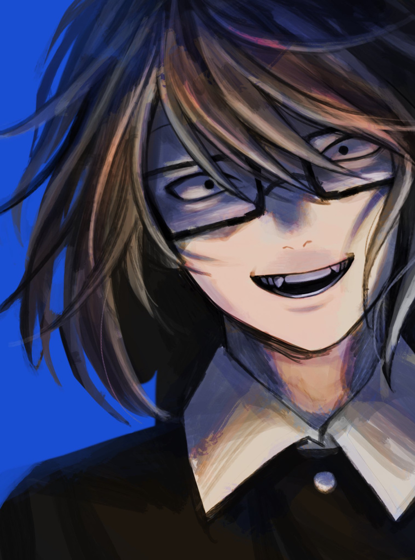 Safebooru - 1boy black eyes blue background brown hair fangs glasses ...