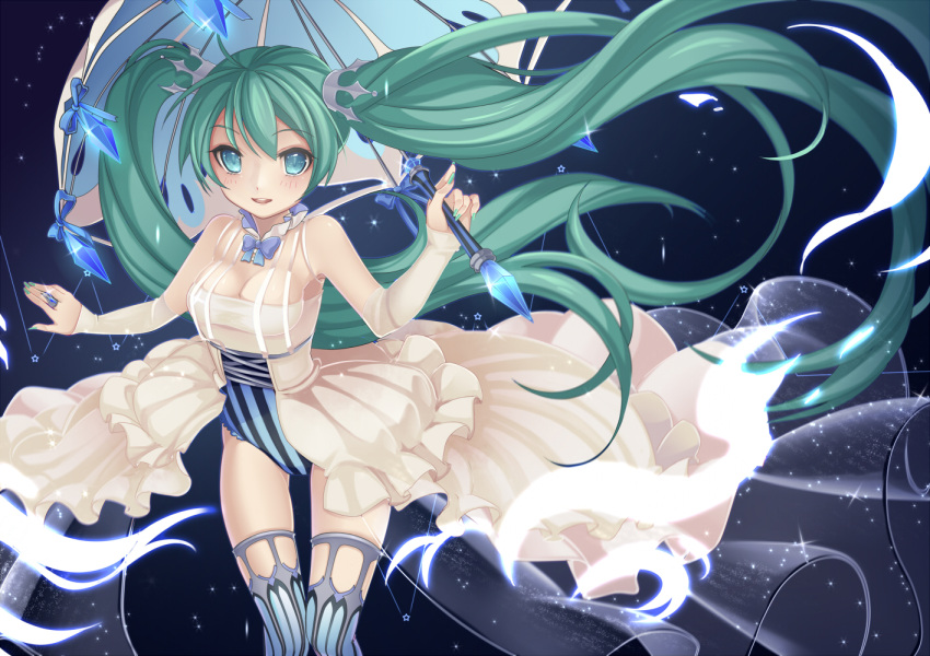 Safebooru - 1girl aqua eyes green hair hatsune miku kaka cheung long hair solo thighhighs ...
