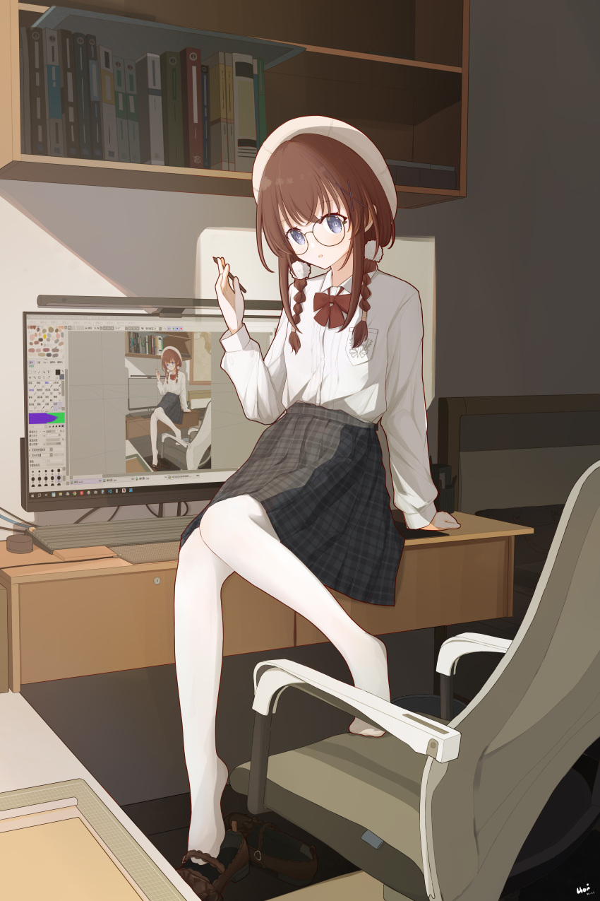 Safebooru - 1girl 3acccp absurdres beret blue eyes bow braid glasses hat highres holding holding ...