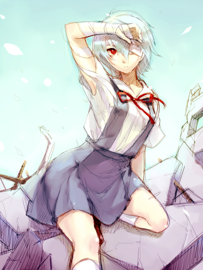 Safebooru - 1girl ayanami rei bandages blue hair highres neon genesis evangelion red eyes school ...