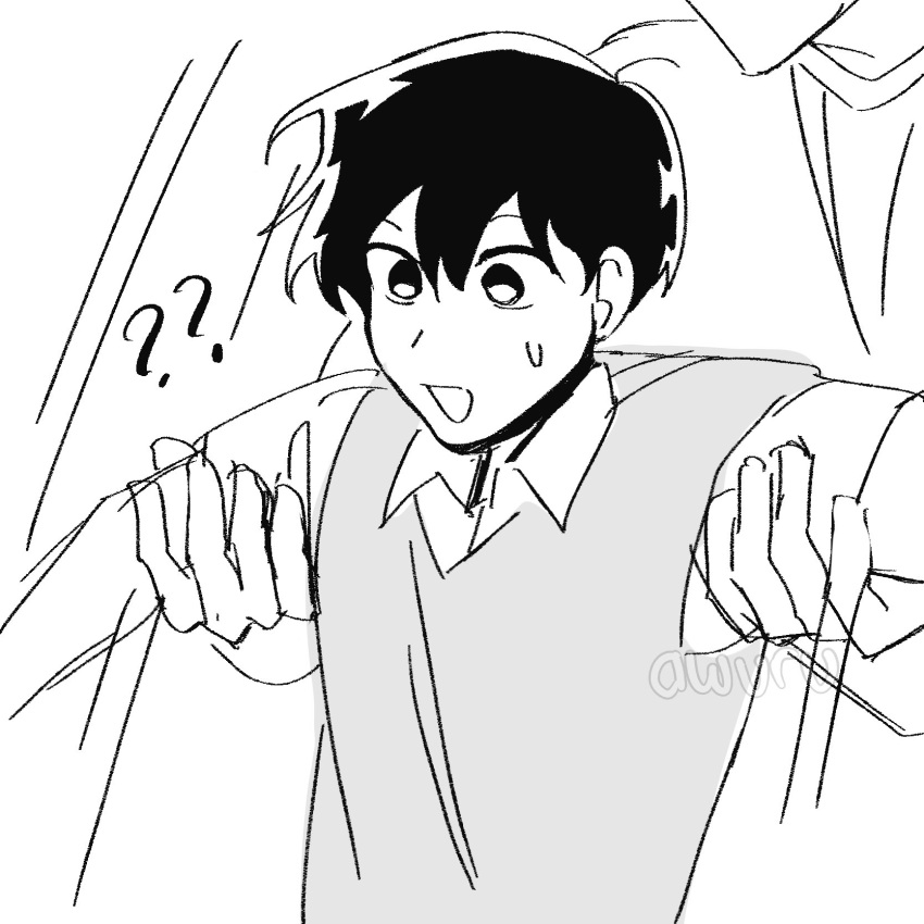 Safebooru - 2boys ? ?? areuwuu black hair collared shirt double-parted ...