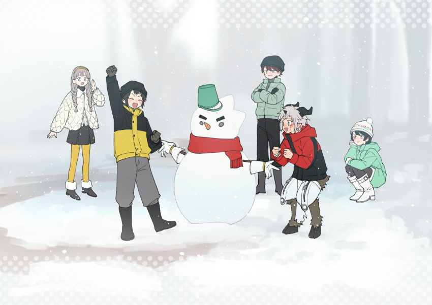 Safebooru - 2girls 3boys aegiomon alternate costume building snowman ...