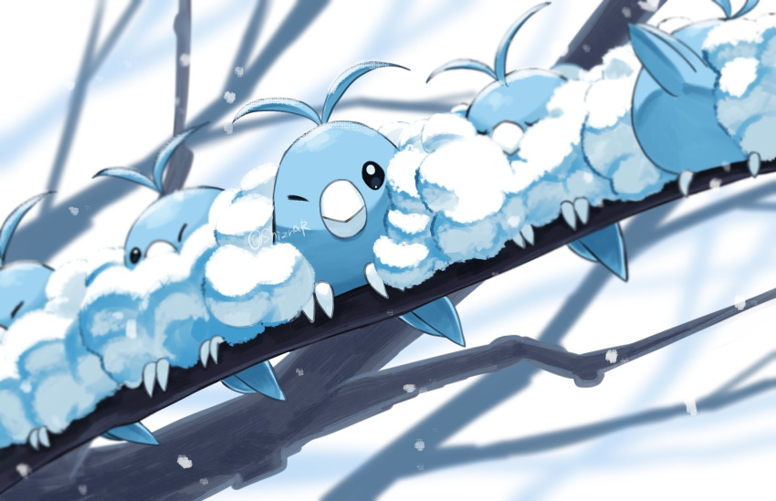Safebooru - beak black eyes blue skin blurry blurry background branch ...