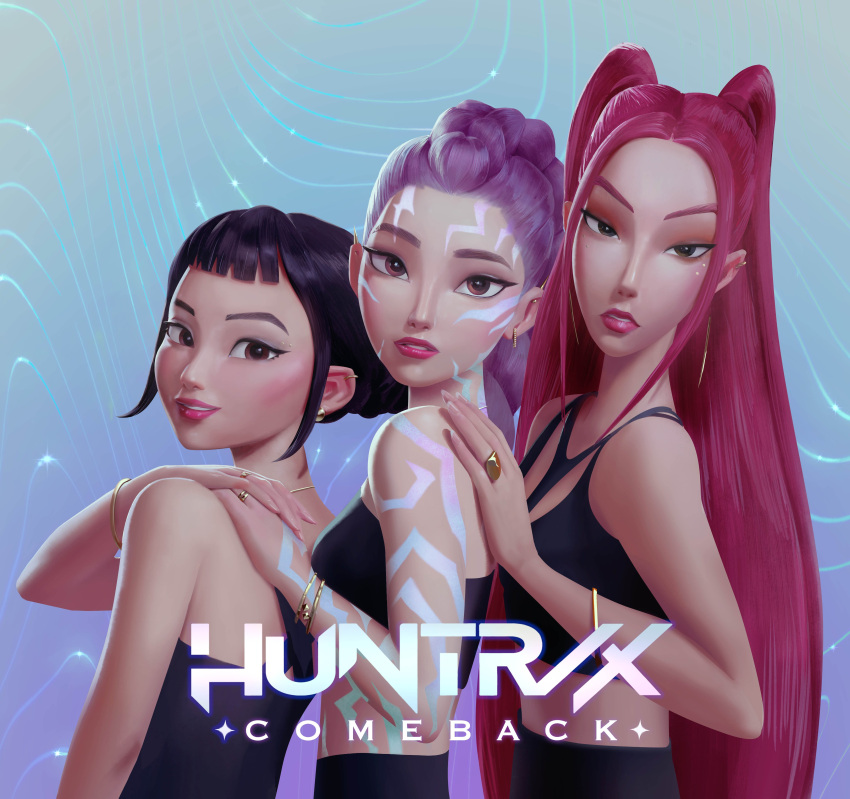 Safebooru - 3girls absurdres bare shoulders black hair body markings ...