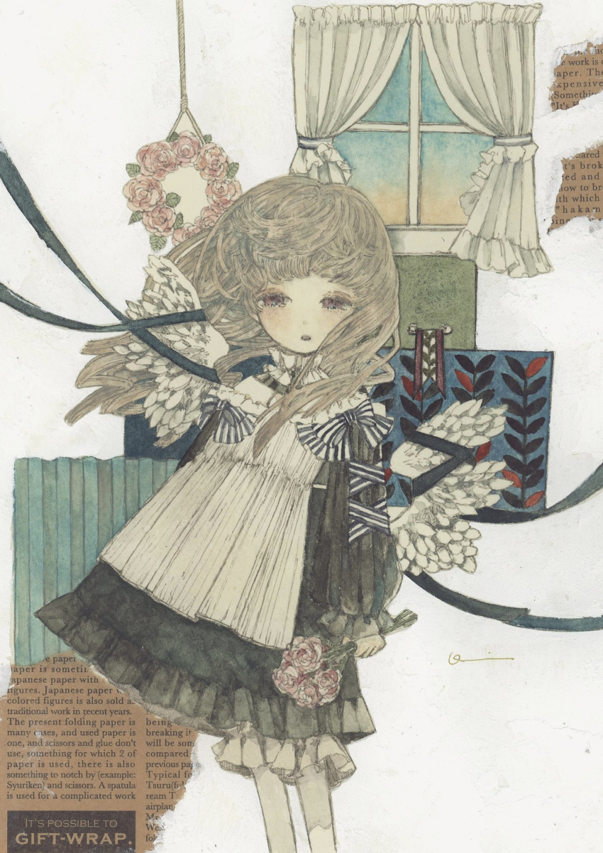 Safebooru - 1girl acrylic paint (medium) blunt bangs bouquet brown eyes ...