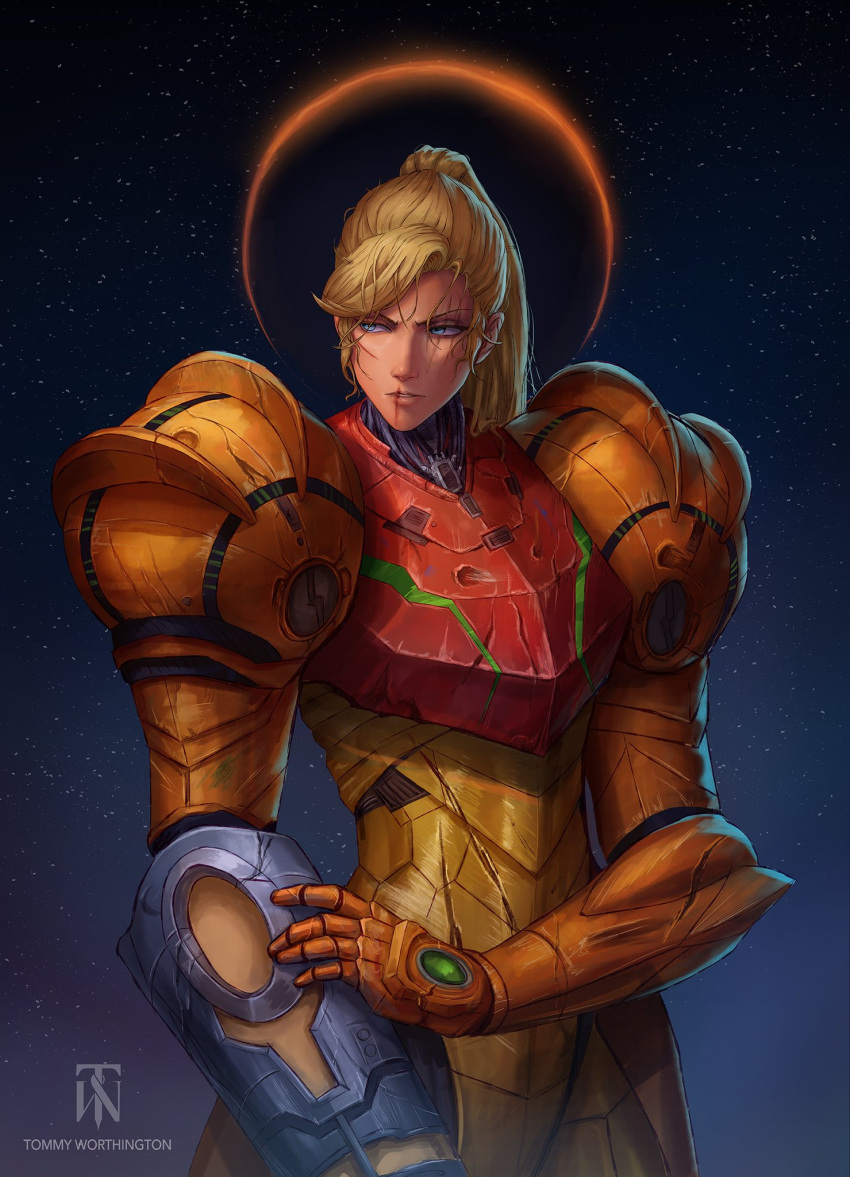 Safebooru - 1girl arm cannon armor artist name battle damage blonde ...