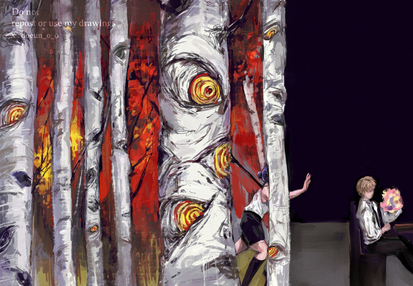 Safebooru - 1boy 1girl birch tree black background blonde hair chainsaw ...