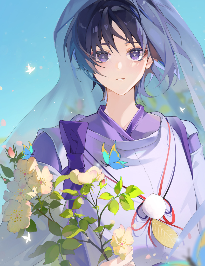 Safebooru - 1boy absurdres amukeer black hair blue butterfly blue ribbon blue sky bug butterfly ...