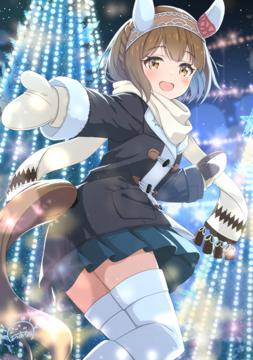 Safebooru - 1girl animal ears black coat blue skirt blush boots braid ...