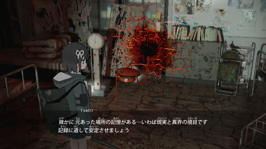 Safebooru - 1girl aqua eyes backpack bag bed black hair blood chair ...