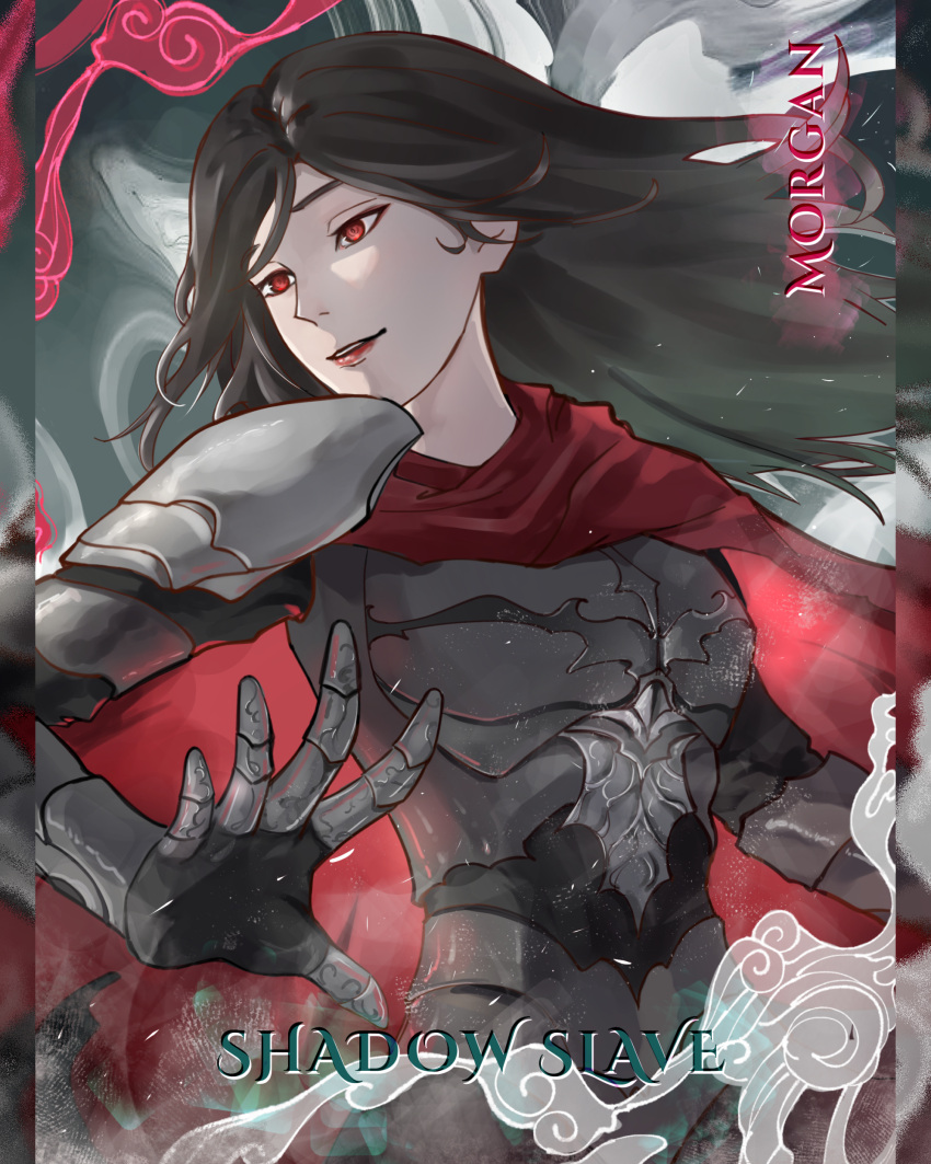 Safebooru - 1girl :d absurdres aphora armor black hair character name ...