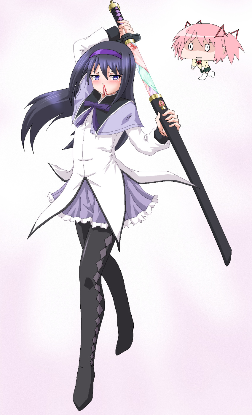 Safebooru - 2girls akemi homura black hair black legwear blood blush hairband hayashiya zankurou ...